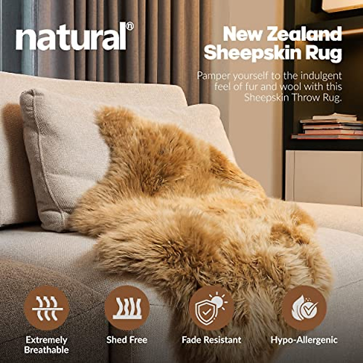 Natural Milan Genuine Sheepskin Area Rugs with Thick and Lush Pile, Fluffy Sheep Fur Rug with Anti-Skid Backing for Bedroom Living Room, Single Pelt, Morchella