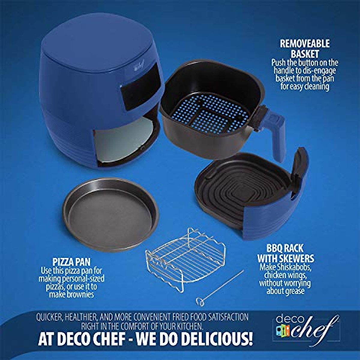 Deco Chef 5.8QT (19.3 Cup) Digital Electric Air Fryer with Accessories and Cookbook- Air Frying, Roasting, Baking, Crisping, and Reheating for Healthier and Faster Cooking (Blue)