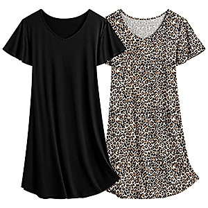 Ekouaer 2 Pack Nightgowns for Women Loose Night Shirt Comfy Sleepwear Ladies Soft Loungewear Black and Leopard XL
