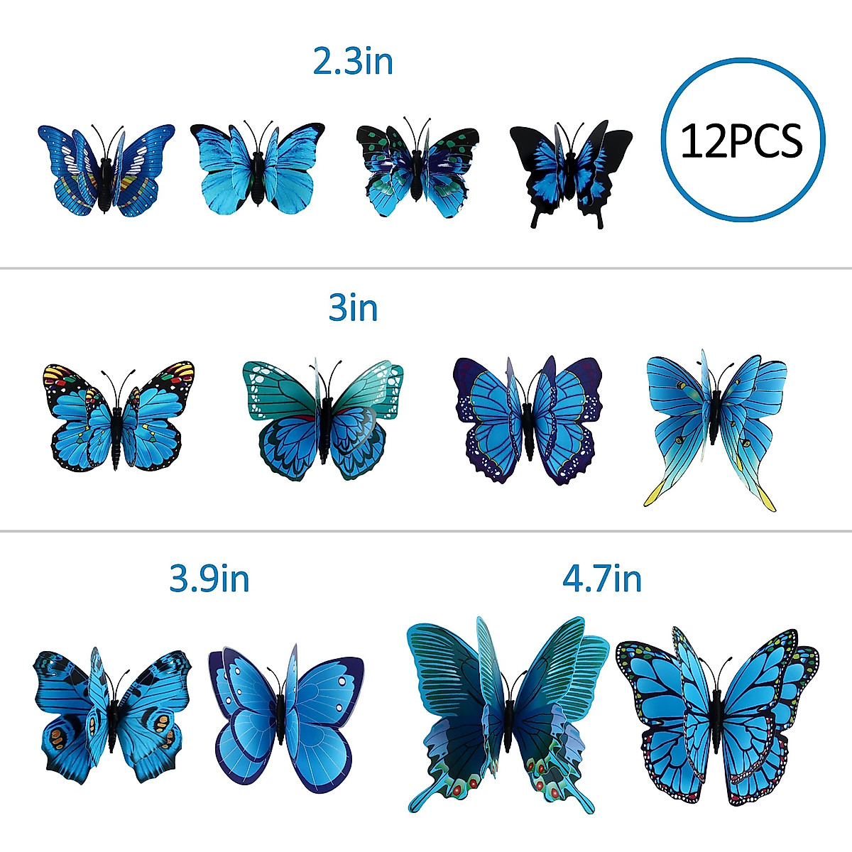 12PCS Butterfly Wall Decals Removable 3D Blue Butterflies Sticker with Magnets for Home Bedroom Kids Room Decor (Double Layer-Blue/12PCS)