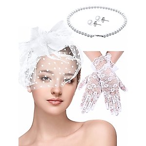 4 Pcs 50s Fascinators Hat for Women Tea Party with Short Lace Gloves Pearl Necklace Earrings for Wedding Halloween Funeral(White)