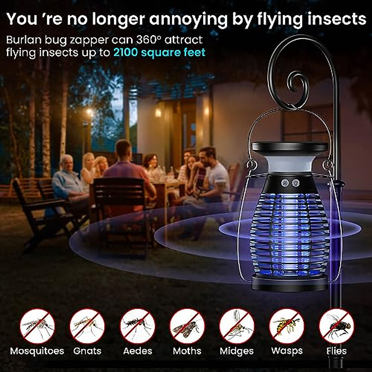 BURLAN Solar Bug Zapper Outdoor & Indoor, Cordless Mosquito Zapper Rechargeable Waterproof Fly Zapper for Camping, Home, Patio, Backyard, Kitchen