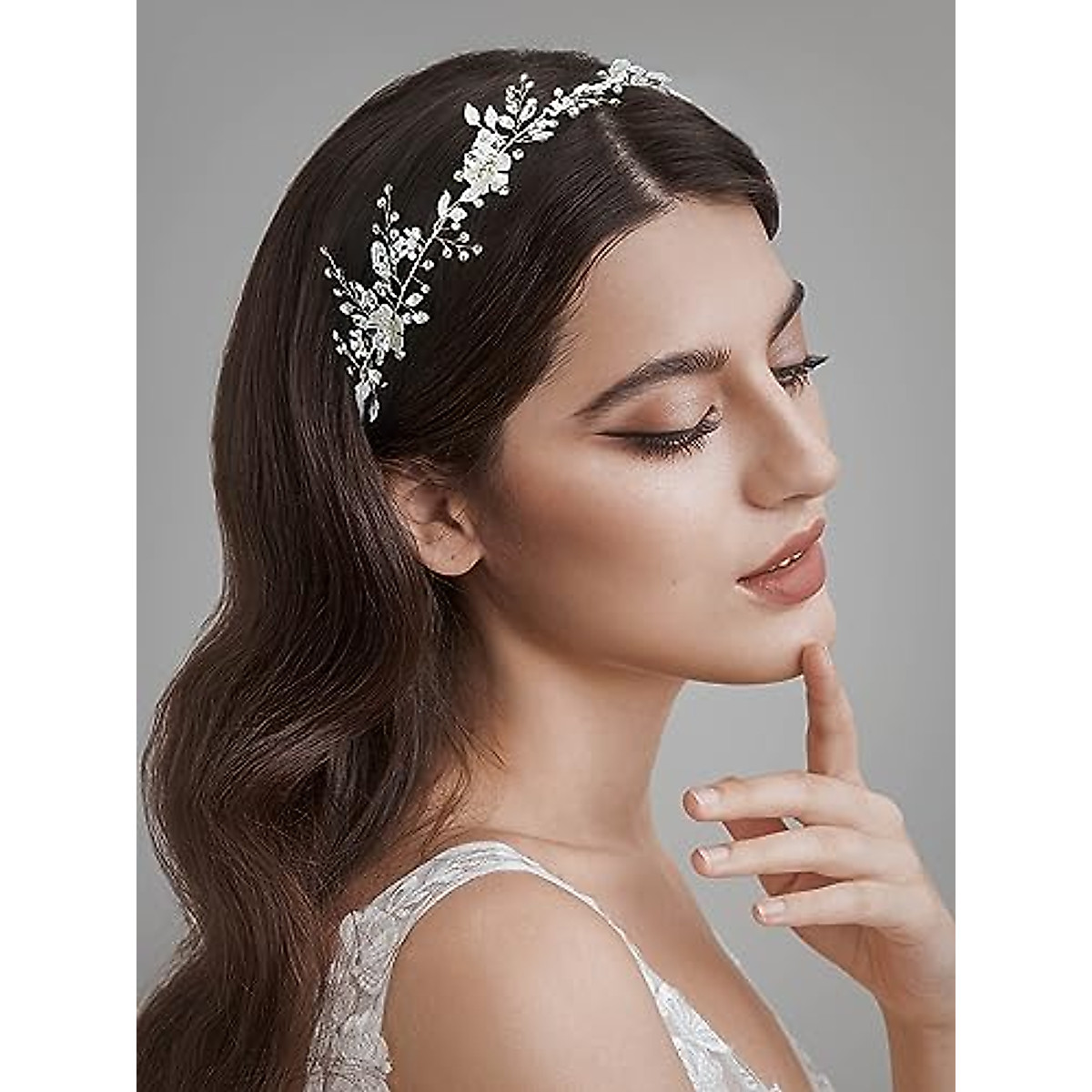 SWEETV Flower-Leaf Bridal Headpieces for Wedding Hair Band for Brides Headband Rhinestone Wedding Headband Silver Flower Girl Bridesmaid Hair Vine