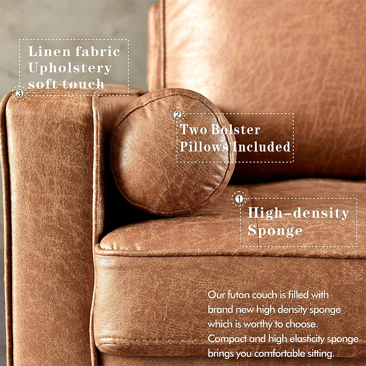 ovios Mid Century Modern Loveseat, 70" Suede Leather Sofa Couch with Comfy Upholstered Cushions, 2 Seater Rivet Tufted Sofas with Deep Seat for Living Room, Bedrooms, Apartment, Brown