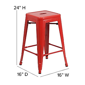 Flash Furniture Kai Commercial Grade 24" High Backless Red Metal Indoor-Outdoor Counter Height Stool with Square Seat