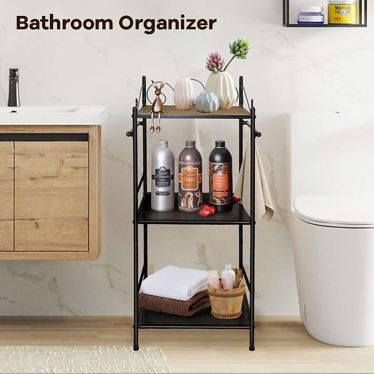 ViHOTA 3-Tier Metal Shelving Unit, Standing Storage Shelf Units for Laundry Bathroom Kitchen Pantry Closet for Small Spaces,15.6” Black Metal Rack