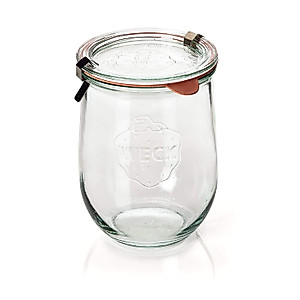 Weck Jars - 33.8 fl. oz Weck Tulip Jars 1 Liter - Sour Dough Starter Jars - Large Glass Jars for Sourdough Suitable for Canning and Storage - (2 Jars, Glass Lids & Wooden Lids)