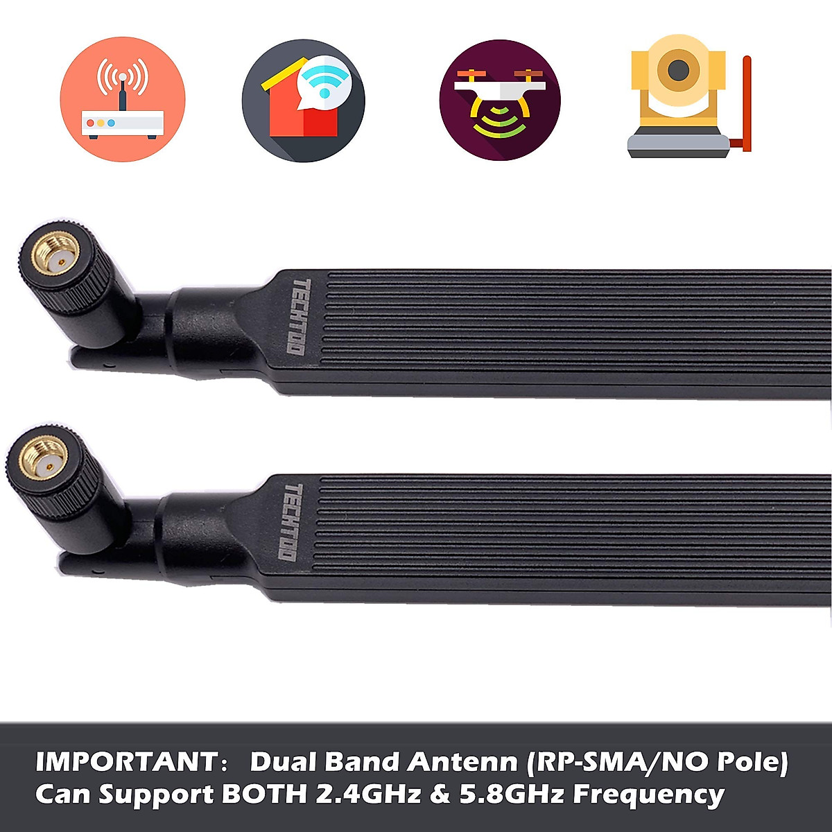 TECHTOO WiFi Antenna Dual Band 9 dBi 2.4/5.8GHz for Router AP - Security IP Camera - USB Card Adapter - PCI PCIe Cards - Range Extender - PC Desktop - Drone - PS4 Build (2.4/5.8GHz RP-SMA 2-Pack)