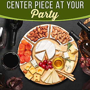 NutriChef Bamboo Natural Cheese Board Set with Bonus Condiment Cup-Extra Large Size 100% Home Organic Wooden Plate and Charcuterie Tray with 4 pcs Cutting Knife Slicer, 13" Round