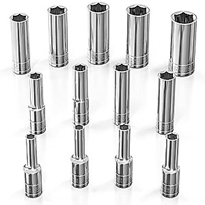 Olsa Tools SAE Socket Set (13pc) | 1/4-Inch Drive | 6-Point Deep Socket Set | Standard Imperial Sizes from 1/8" to 5/8" | Mechanic Fractional Socket Sets | Long Chrome Sockets | Professional Grade