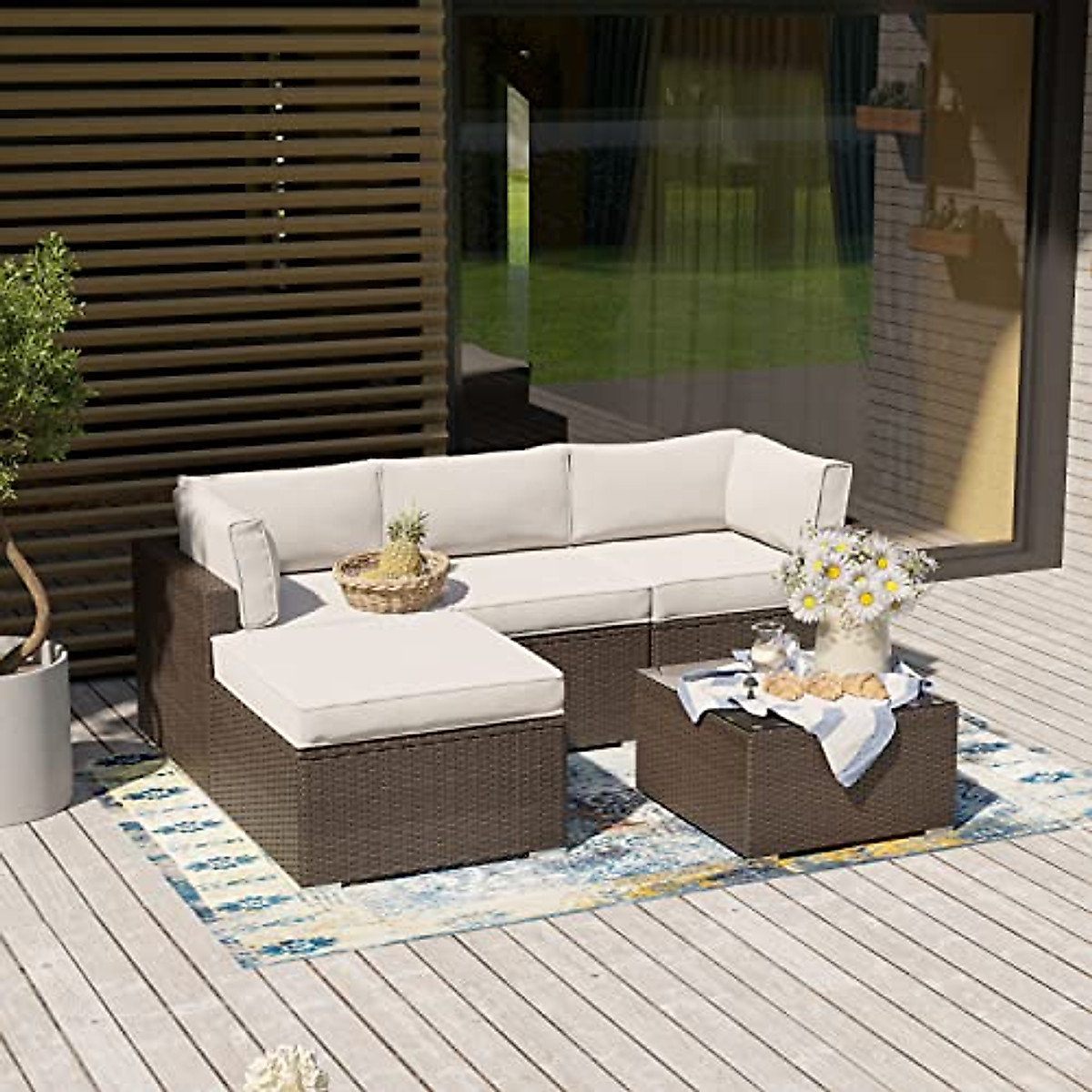 SUNBURY 5-Pieces Outdoor Furniture Set, All-Weather Wicker Patio Conversation Sets Sectional Sofa w 3 Pillows, Cushions, Coffee Table, Ottoman, Patio Furniture Set for Backyard Garden Pool (Off-White)