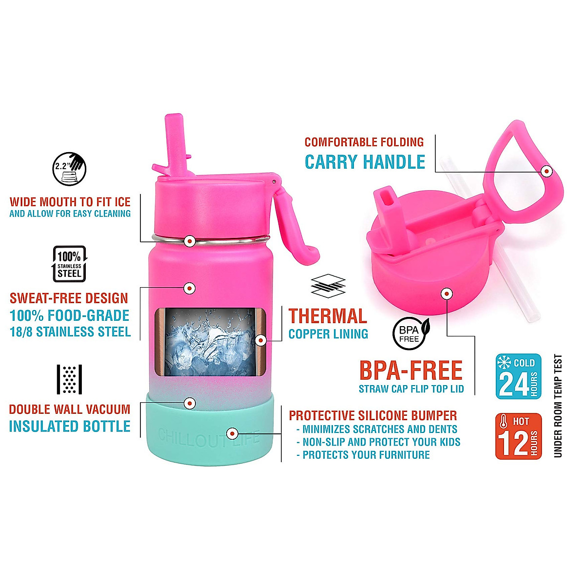 CHILLOUT LIFE 12 oz Kids Insulated Water Bottle for School with Straw Lid Leakproof and Cute Waterproof Stickers, Personalized Stainless Steel Thermos Flask Metal Water Bottle for Girls & Boys