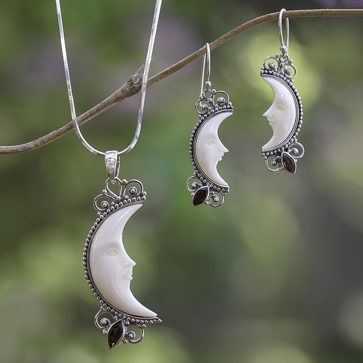 NOVICA Artisan Handmade Bone Pendant Necklace | Garnet Pendant Necklace for Women | Crescent Moon Pendant Necklace | .925 Sterling Silver Pendant Necklace | Artisan Pedant Necklace