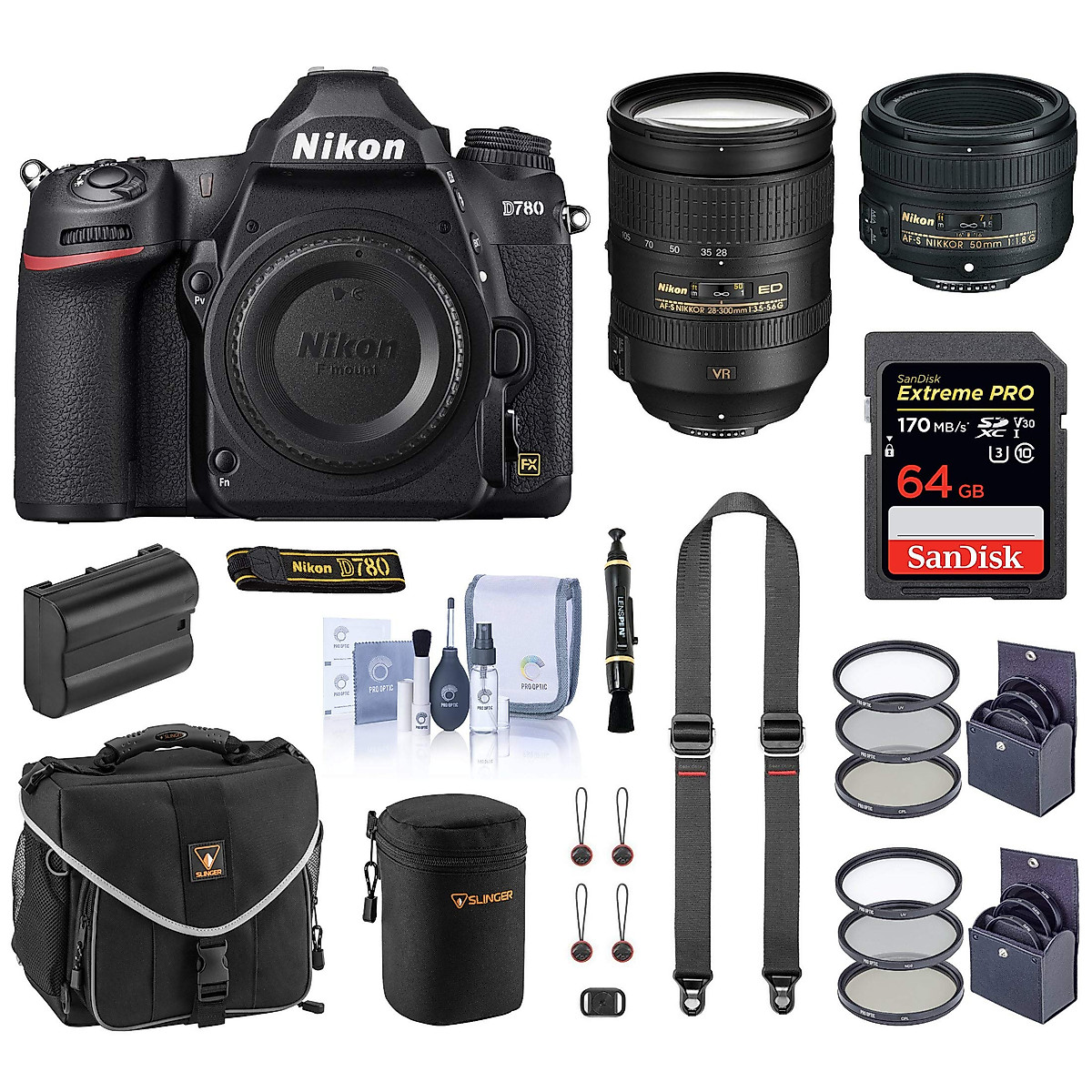 Nikon D780 DSLR Camera with Nikon 28-300mm f/3.5-5.6G VR Lens, 50mm f/1.8G AF-S Lens Complete Bundle with Bag, Neck Strap, Battery, 64GB Card, Filter Kit and Accessories