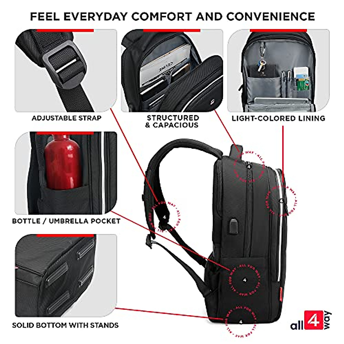 all4way Premium Laptop Backpack for Women Men - USB Quick Charge RFID 17"- Swiss Design Anti-Theft, Waterproof with Rain Cover for Business Travel College - Durable & Soft 1680d Polyester