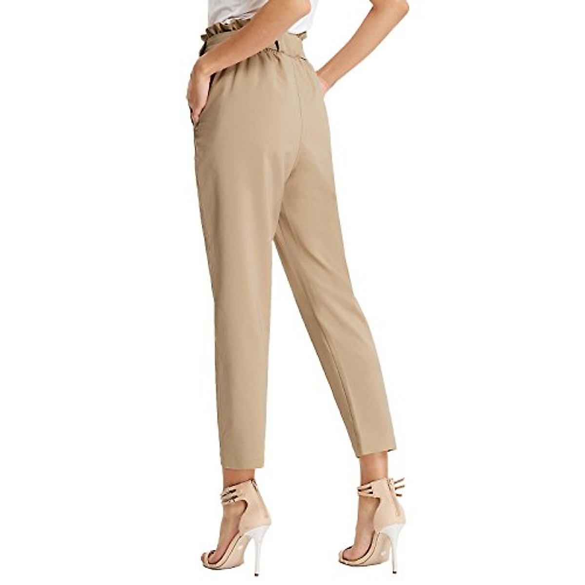 GRACE KARIN Women's Pants Cropped Paper Bag Waist Pants with Pockets Light Tan Size M