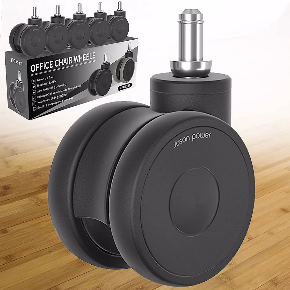 Office Chair Wheels Replacement 3 inch Rubber Caster Wheels for Hardwood Floor Replace Office Chair Mats,Desk Chair Casters for Gaming Chairs Heavy Duty Chair Wheels, Set of 5