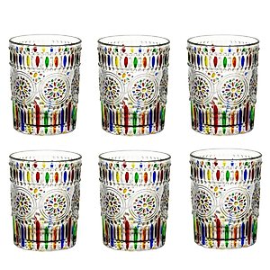 Hovico Hand Painted Stained Glass Window Whiskey Tumblers 8.45oz Set of 6 pieces, A wine glass with stripes and retro sun patterns, water glass,tea cup,juice cup,wine cup,beer glass