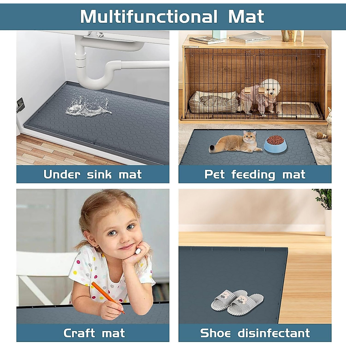 Under Sink Mat for Kitchen Waterproof ，34"x22" Silicone Under Sink Liner Drip Tray with Drain Hole ,Flexible Cabinet Mat and Protector for Kitchen Bathroom，Black