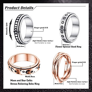 FUNRUN JEWELRY 4Pcs Stainless Steel Fidget Anxiety Ring for Women Men Fidget Spinner Rings Moon Star Celtic Stress Relieving Spinning Ring Wedding Band Rings Set Size 9(RG)