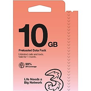 TSIM PrePaid Europe (UK Three) sim Card for 30 Days with Free Roaming/USE in 71 Destinations Including All European Countries (10Gb)
