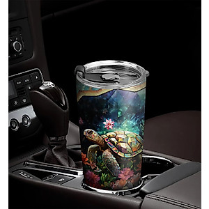20oz Stained Glass Flower Sea Turtle Tumbler, Gifts for Turtle Lovers, Ocean, Beach Gifts, Coffee Thermos for Women, Stainless Steel Double Wall Vacuum Insulated Coffee Mug, Travel Cup with Lid