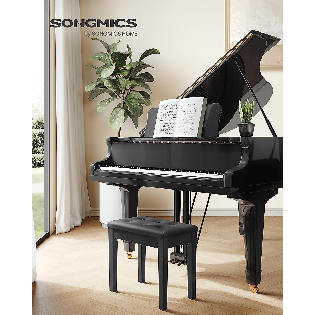 SONGMICS Piano Bench with Padded Cushion and Storage Compartment for Music Books, Vanity Stool, Tufted Wooden Piano Seat, 13.8 x 22 x 19.5 Inches, Black ULPB55H