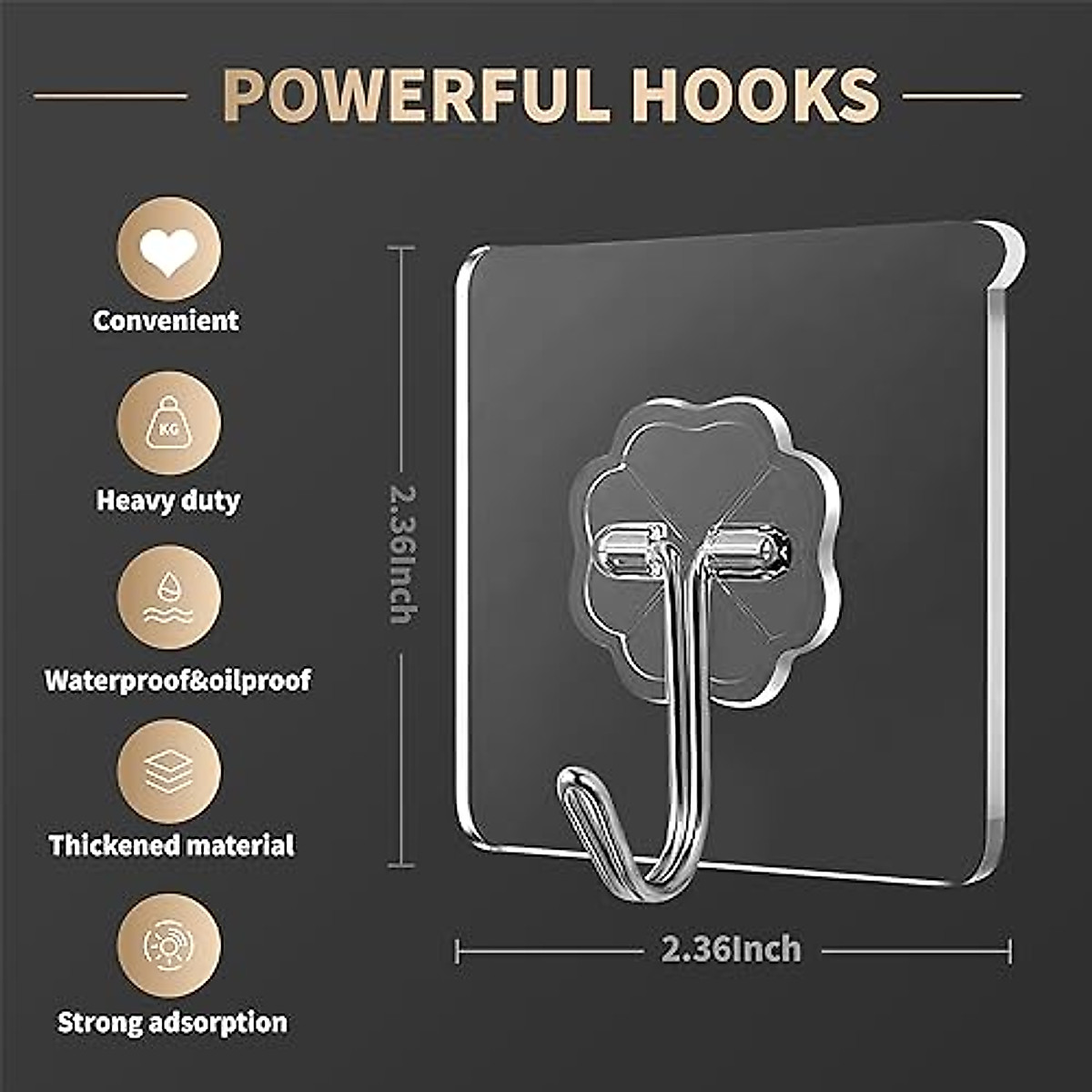 Lcsmaokin Wall Hooks 33lb(Max) Adhesive Wall Heavy Duty Hooks，Transparent Reusable Waterproof Sticky Seamless Hooks for Hanging Keys, Coats, Hats, Bags(15 Pack)