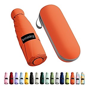 Trenovo Travel Mini Folding Compact Umbrella With Case - 8 Ribs Lightweight Portable for Sun & Rain, Small Pocket for Girls and Women - Orange