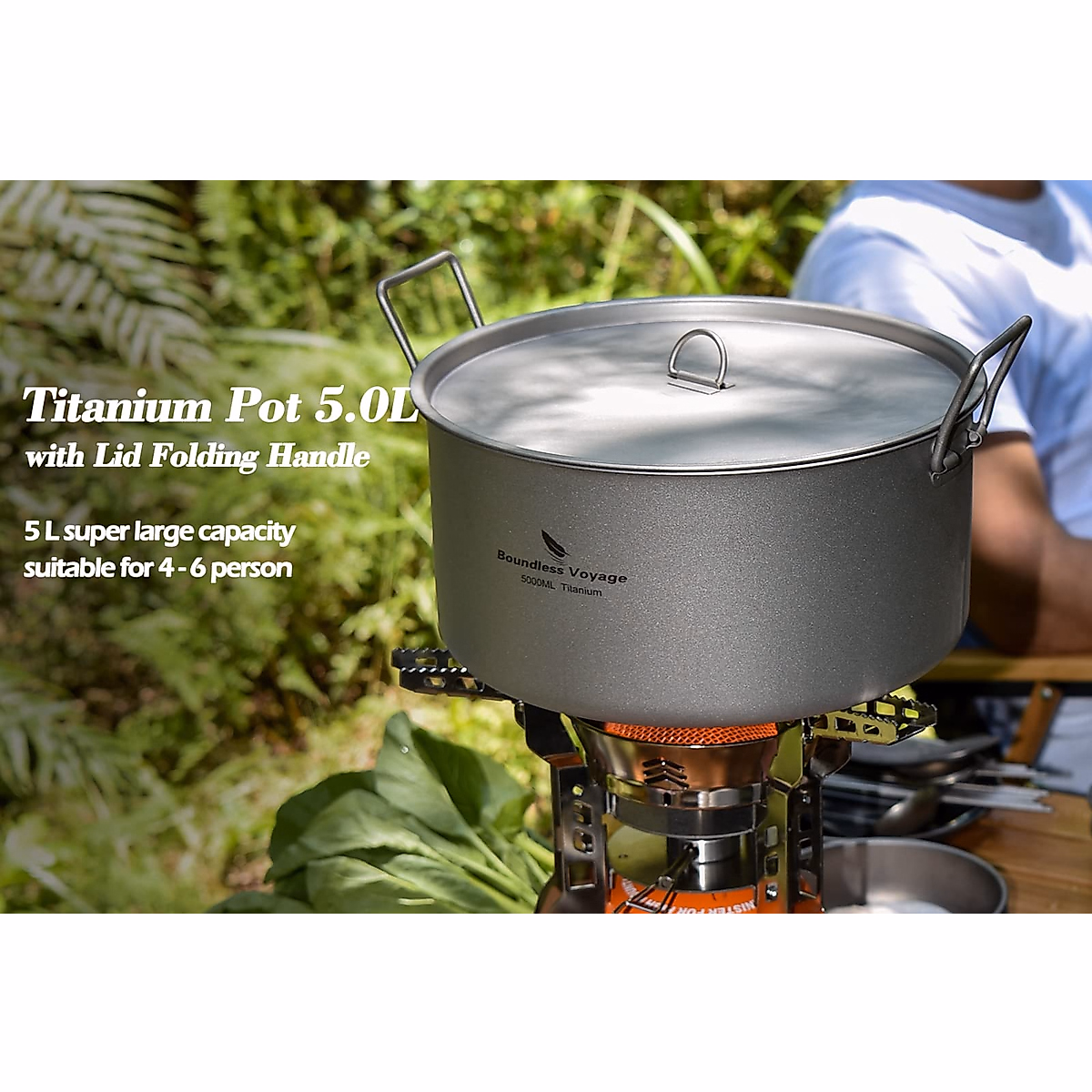 Boundless Voyage 5L Titanium Stock Pot with Lid Folding Handle Soup Pot for Outdoor Camping Hiking Picnic Home Kitchen Ultralight Cookware Ti2104C