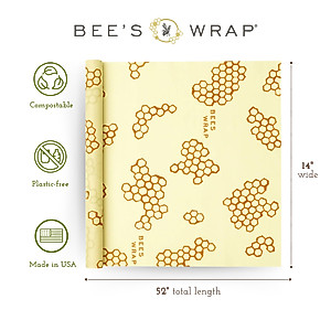 Bee's Wrap Reusable Beeswax Food Wraps Made in the USA, Eco Friendly Beeswax Wraps for Food, Sustainable Food Storage Containers, Organic Cotton Food Wrap, XXL Cut To Size Wax Paper Roll, Honeycomb