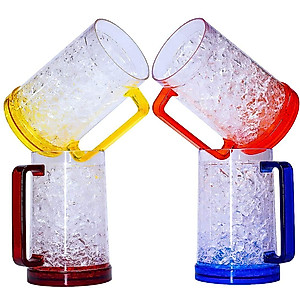 Patiomos Drinking Glasses Cups, Double Wall Gel Freezer Beer Mugs, Freezer Ice Mugs Cups, 16oz, Plastic Cooling Beer Mug Clear Set of 4 (Red, Green, Blue, Orange)