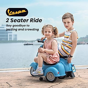 Licensed Vespa Ride-On Motorcycle with Side Car - 6V Electric Car for Boys and Girls - Two-Seat Ride-On Toy with Music and Storage Bin (Blue)