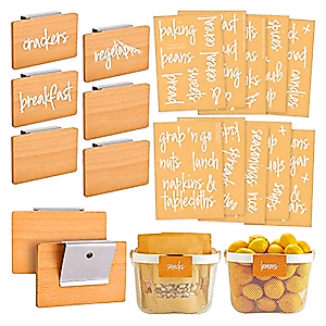 Set of 8 Wooden Clip On Pantry Label Holders for Storage Bins + 70 Preprinted White on Clear Script Stickers for Kitchen Organization, Baskets, Containers