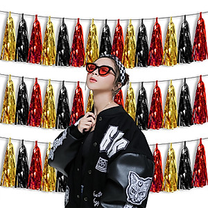 3P Metallic Fringe Banner Garland Foil Tinsel Streamer Wall Hanging Curtain Backdrop Banners for Parade Floats Graduation Decorations, Baby Bridal Shower Party Decoration(Red-Black Gold)