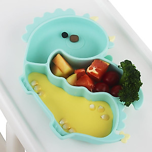 Linowos Silicone Suction Plate for Toddlers - Self Feeding Training Divided Plate Dish and Bowl for Baby and Toddler, Fits for Most Highchairs Trays (Cyan)