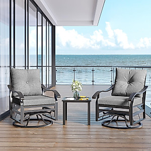 VONZOY 3 Piece Outdoor Swivel Chair, Patio Furniture Metal Rocker Bistro Set with Rocking Chair, Thick Cushions and Table for Porch Garden Balcony（Grey）