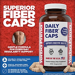 Yerba Prima Daily Fiber Caps Formula, 400 Capsules - Both Soluble and Insoluble - with Psyllium Seed Husks, Acacia Gum, Apple Fiber and More - Dietary Supplement