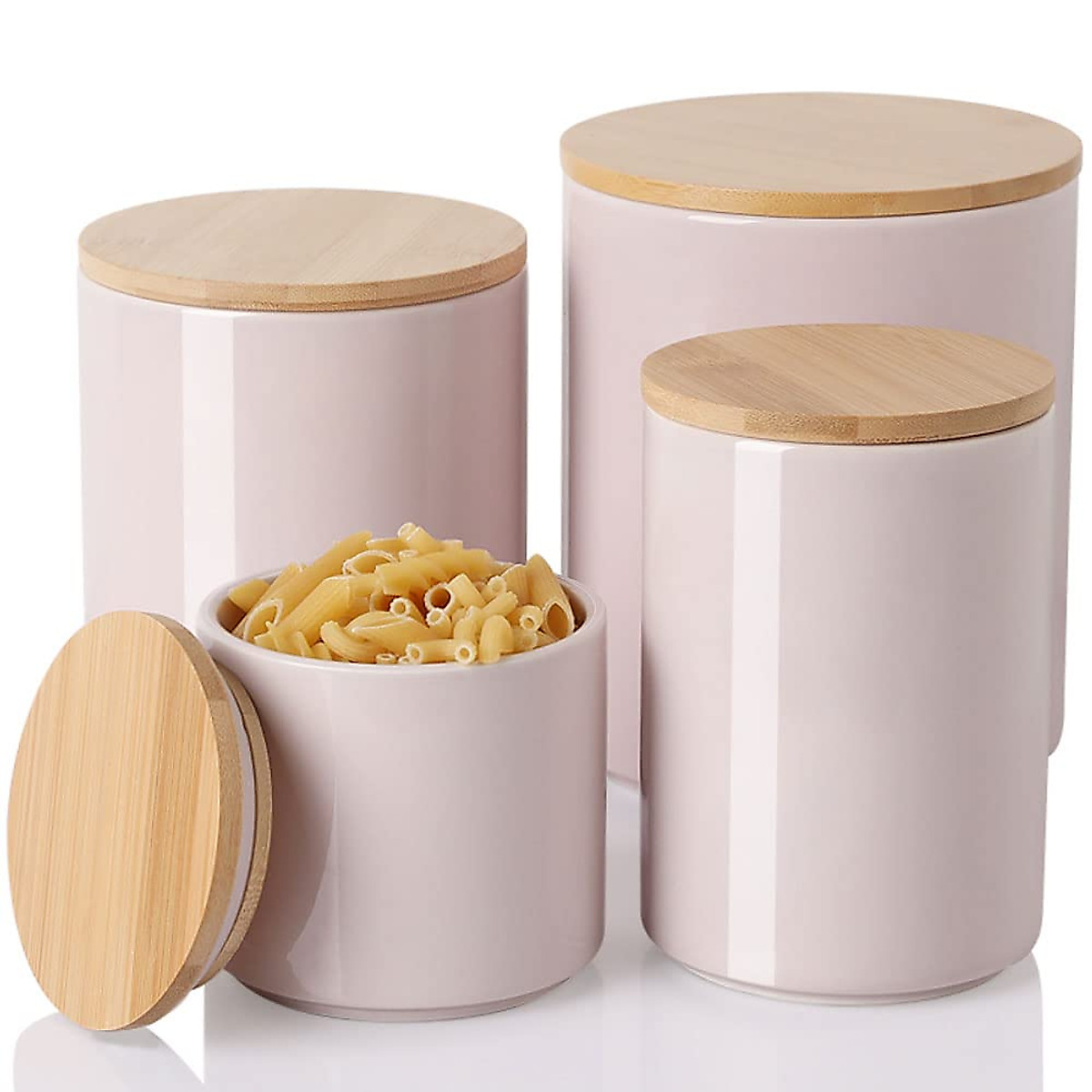 Sweejar Ceramic Kitchen Canister Sets, Porcelain Container for Countertop, Heavy Food Storage Jars with Airthight Seal Bamboo Lid, Servering for Sugar, Coffee Beans, Tea Leaves, Pack of 4（New Pink）