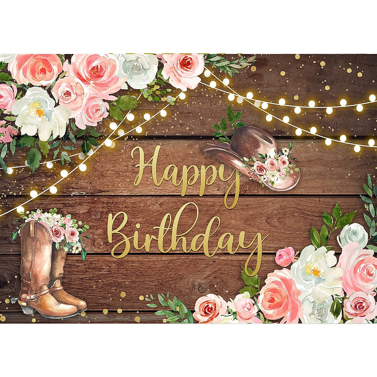 SVBright Cowgirl Birthday Backdrop for Woman 7Wx5H Western Rustic Country Wooden Plank Pink Flower Happy Birthday Baby Shower Wood Hat Retro Decoration Photography Background Banner Photo Booth Studio