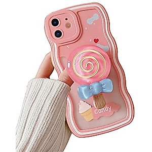 KUMTZO Compatible with iPhone 12 Case, Cute Cream Print Clear Soft TPU Case with Candy Ring Kickstand Camera Protection Shockproof Cover for Women Girls with iPhone 12 6.1 inch (Pink)
