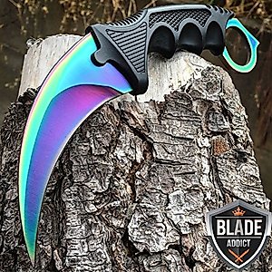 TACTICAL COMBAT KARAMBIT NECK KNIFE Survival Hunting BOWIE Fixed Blade RAINBOW
