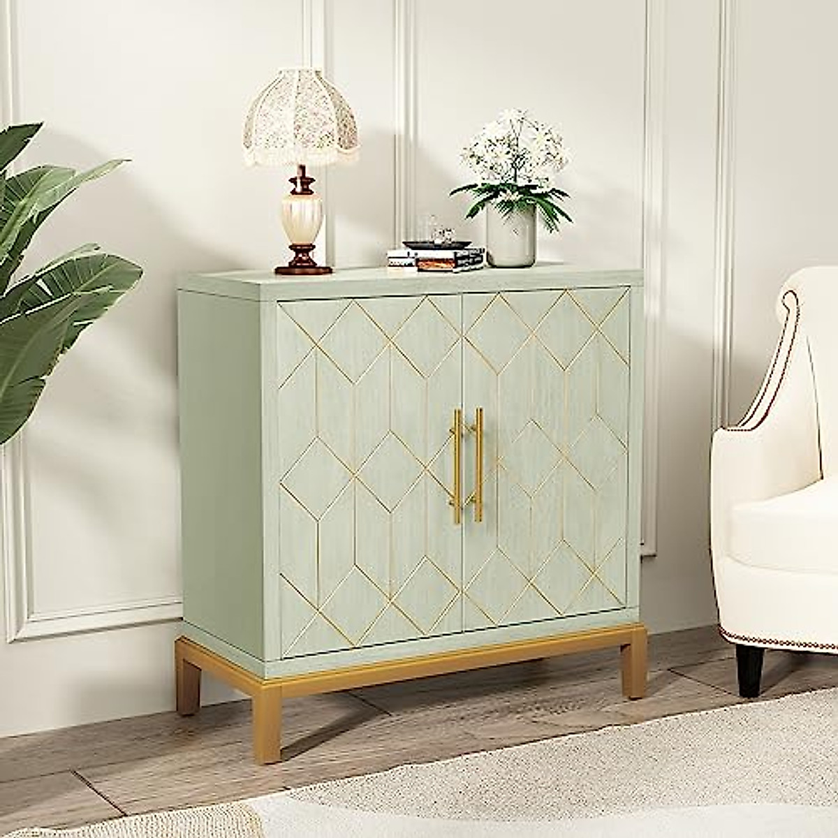 ARTPOWER Accent Cabinet with Doors, Modern Wooden Sideboard, Carved Decorative Storage Cabinets for Bedroom, Living Room, Kitchen, Office, and Hallway, Green with Gold Legs