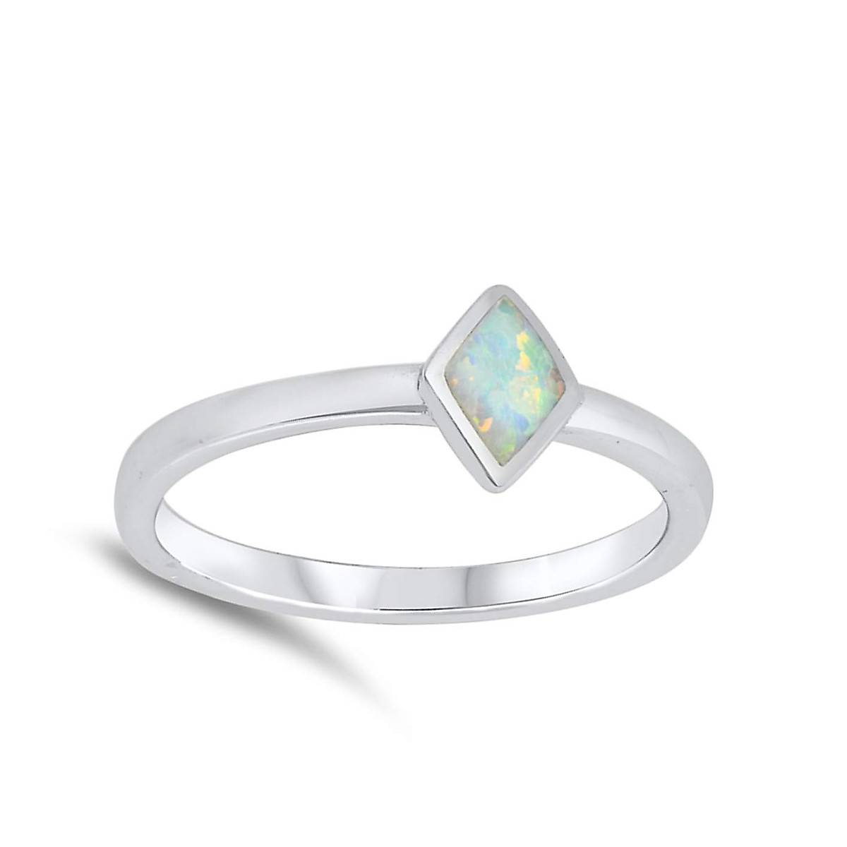White Simulated Opal Diamond-Shape Simple Ring .925 Sterling Silver Band Size 4