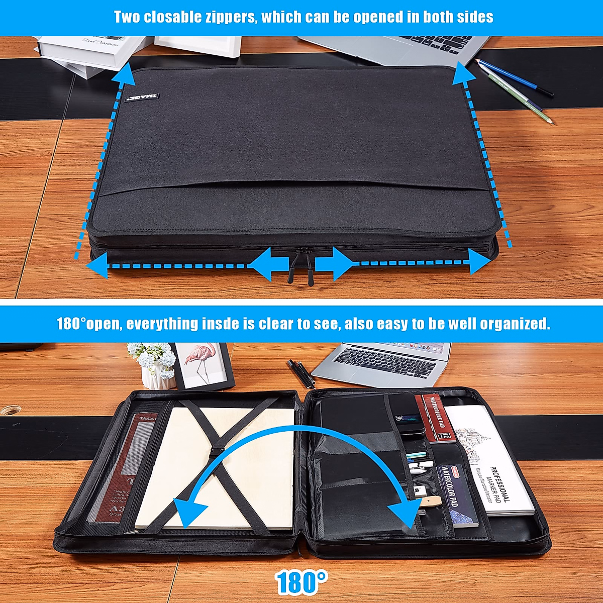 Art Portfolio Bag, IMAGE 23.6 in *17.7 in *3.14 in Black Art Carrying Storage Case, Waterproof Drawing board Bag with Shoulder Strap and Hidden Buckle for Artwork, Sketching and Drawing