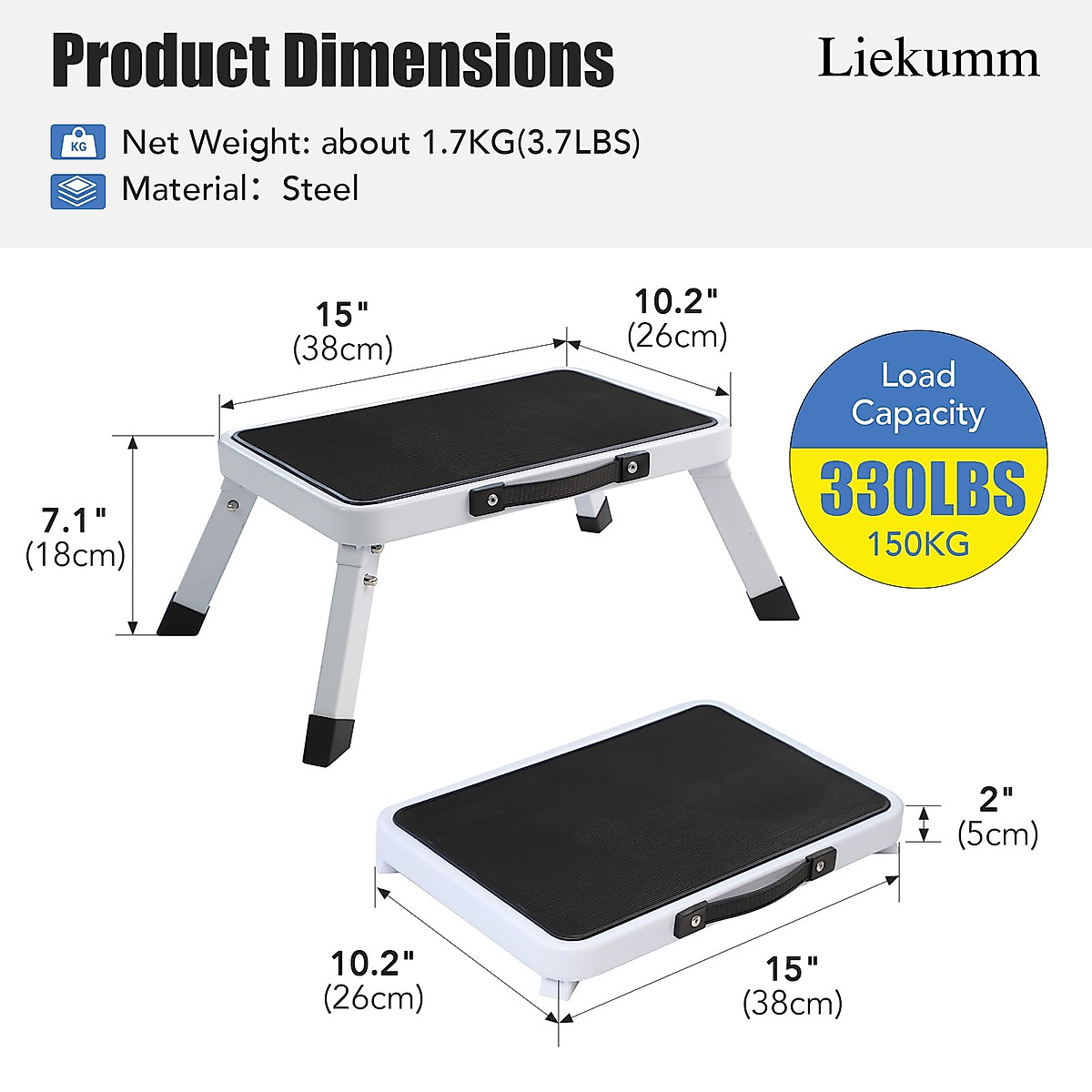 LIEKUMM Foldable Step Stool, 330lbs Capacity Step Ladder, Step Stool with Non-Slip Platform, Folding Step Stool, Portable One Step Stool for Kitchen, Bedroom, Office, Camping, White
