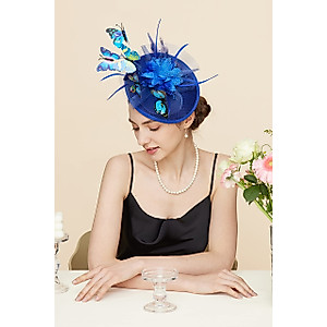 Gionforsy Butterfly Fascinator Hat Feather Derby Tea Party Hat Monarch Butterfly Headband Fascinators for Wedding (Blue)
