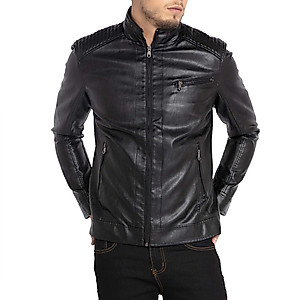 WULFUL Men's Stand Collar Leather Jacket Motorcycle Lightweight Faux Leather Outwear