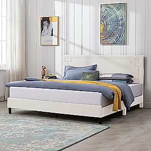 Mjkone Cal-King Bed Frame| Platform Bed Frame Upholstered Velvet Backrest | Adjustable Tufting Headboard Bed Frame with Solid Wood Slats Support Easy Assembly-Beige