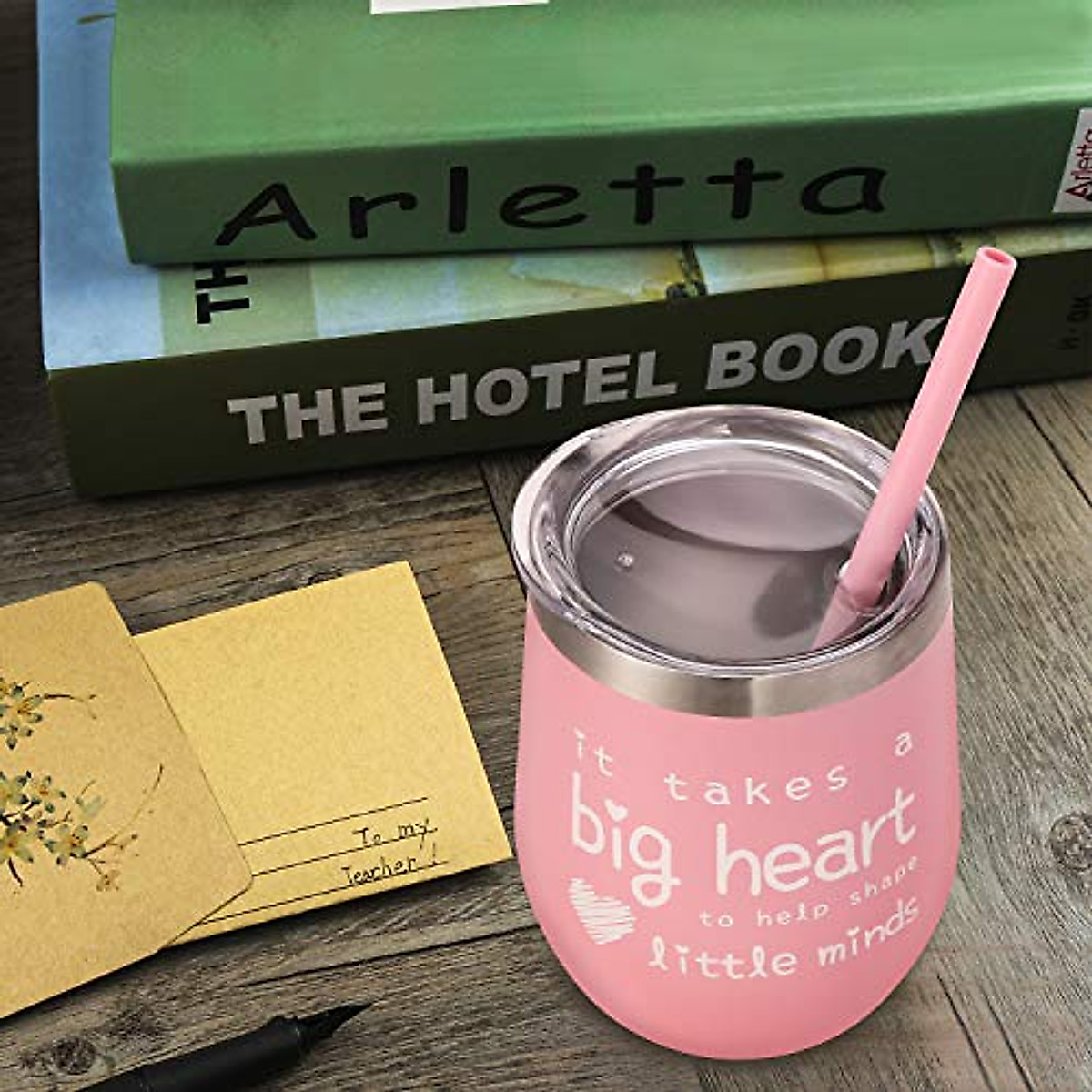 AOZITA Teacher Appreciation Gifts For Women Wine Tumbler - It Takes a Big Heart to Help Shape Little Minds - Teacher Gifts from Student - Pink, 12 oz